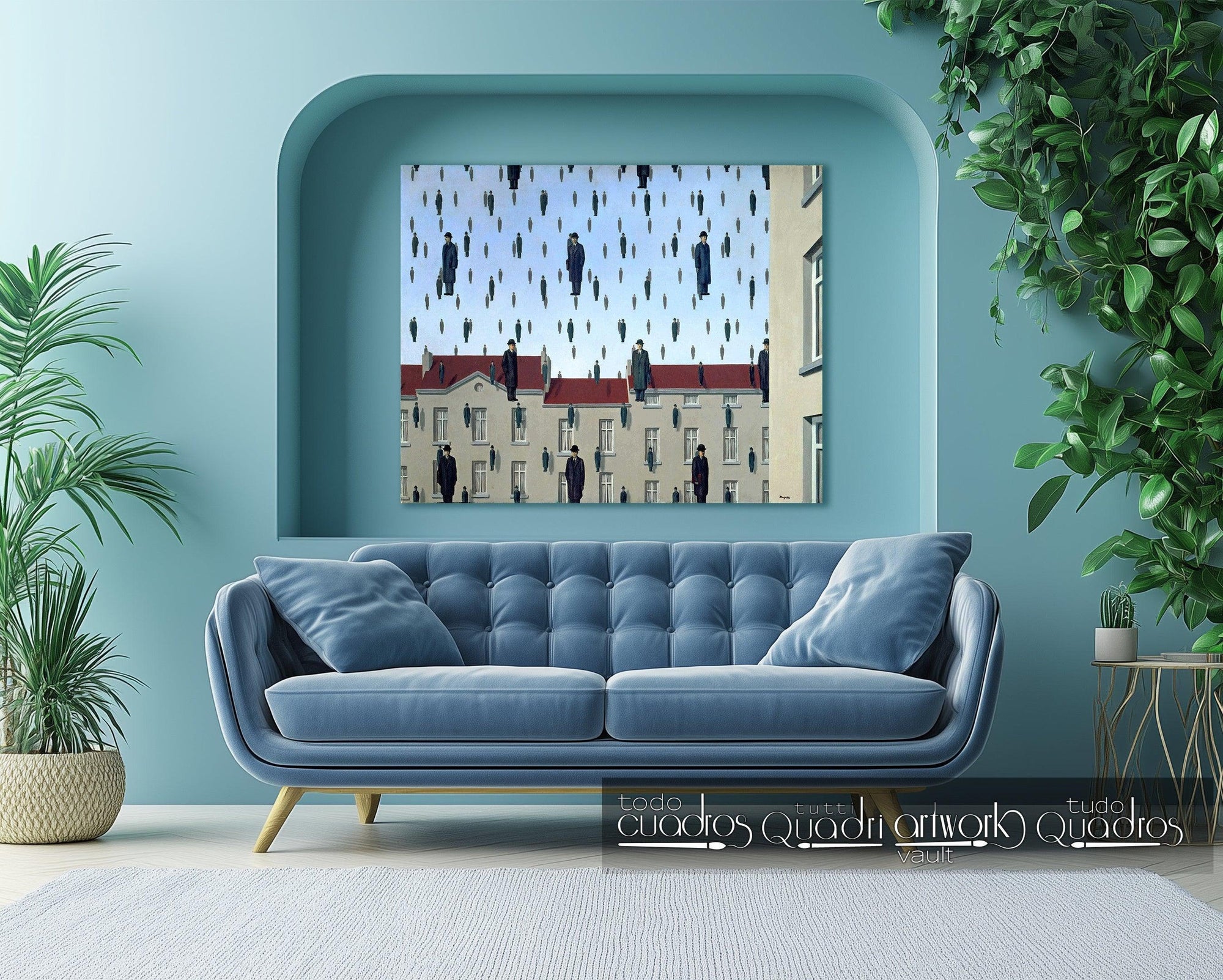 Cuadro "Golconda" de Magritte, obra icónica del surrealismo.